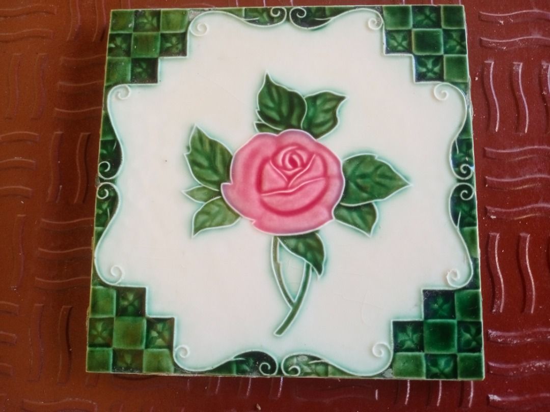 SINGLE RED ROSE , GREEN BORDER - PERANAKAN BABA NYONYA - VINTAGE ...