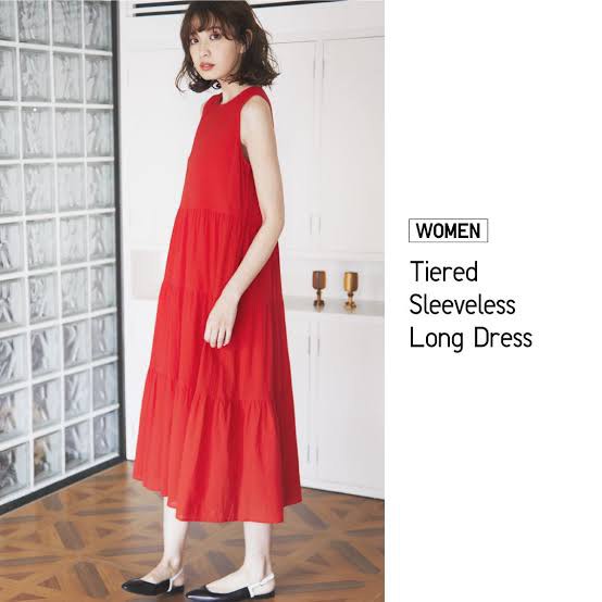 Uniqlo Red Long Tiered Red Dress, Women's Fashion, Dresses & Sets ...