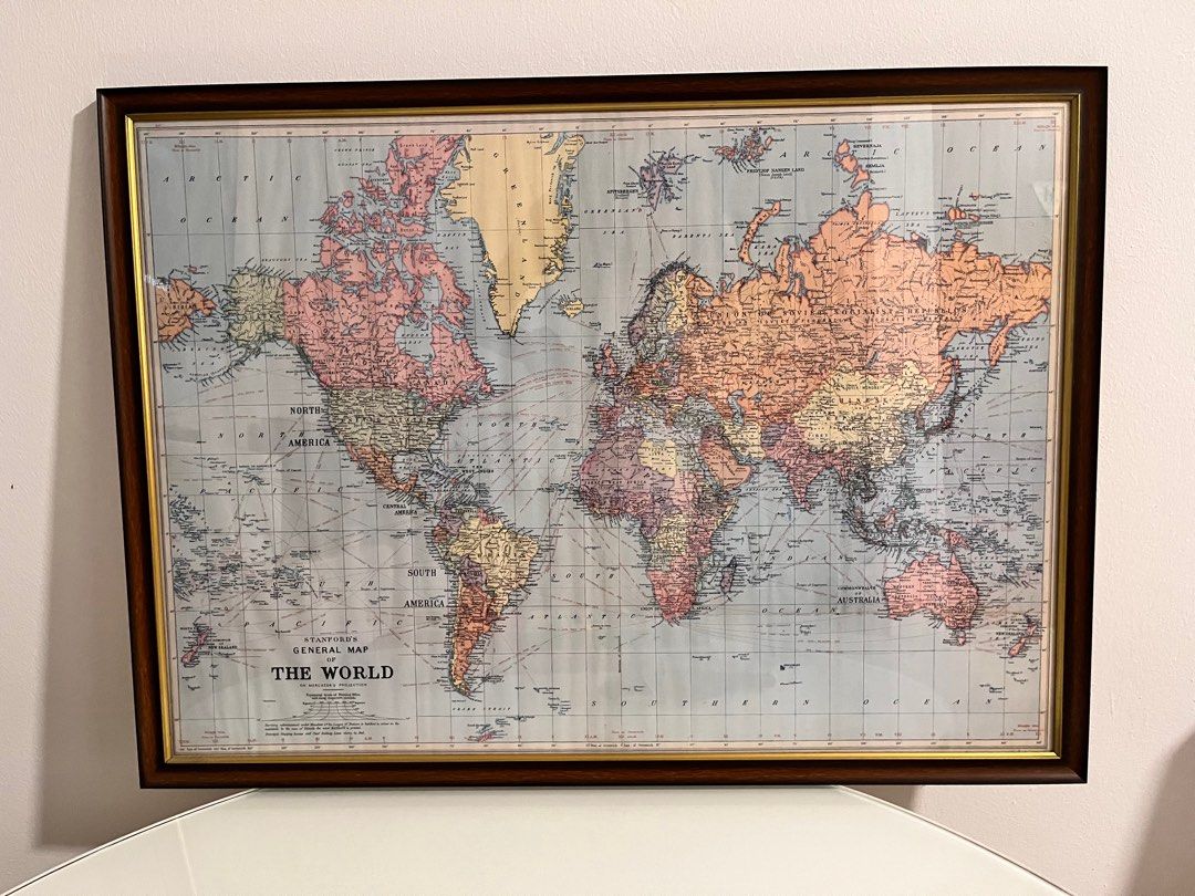 Vintage World Map Framed, Furniture & Home Living, Home Decor, Wall ...