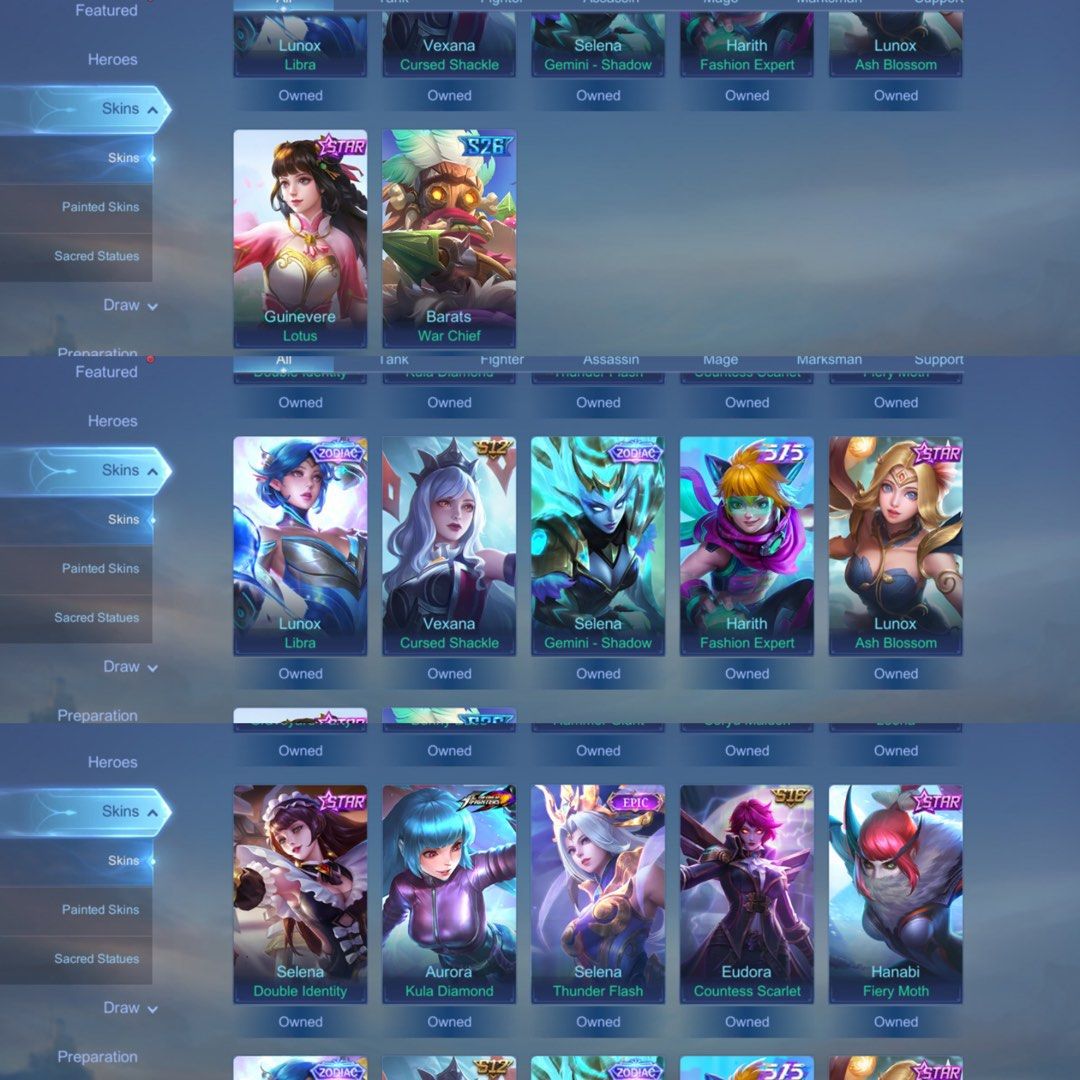 191 SKINS! Mobile Legends Account: YSS ANGELA COLL, KAGURA FULL SKIN ...
