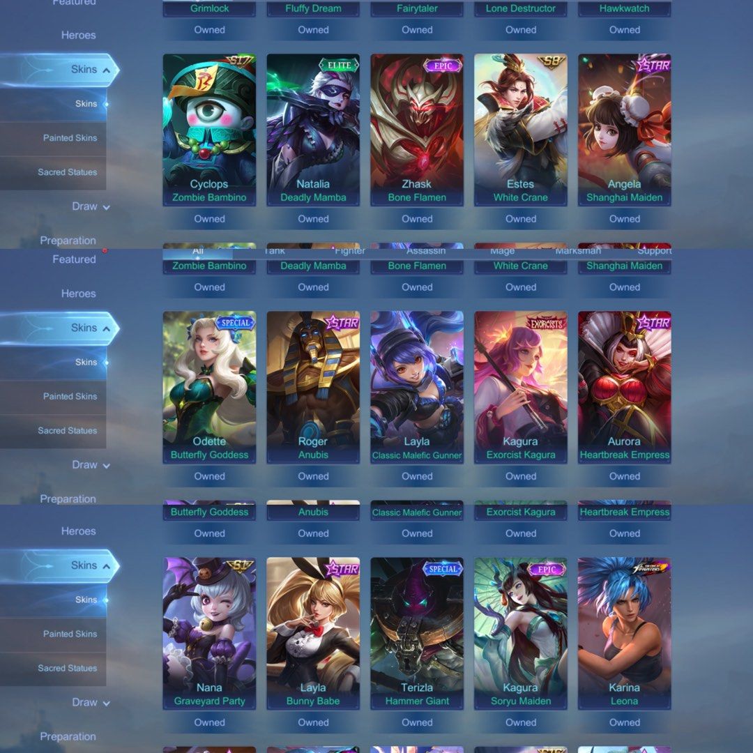 191 SKINS! Mobile Legends Account: YSS ANGELA COLL, KAGURA FULL SKIN ...
