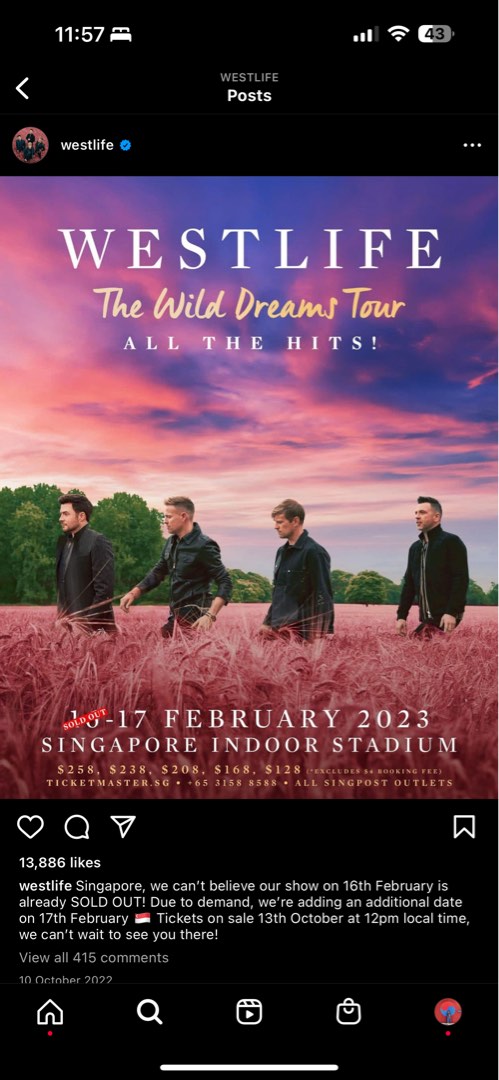 2 x Westlife The Wild Dreams Tour - Singapore 16 Feb, Tickets ...