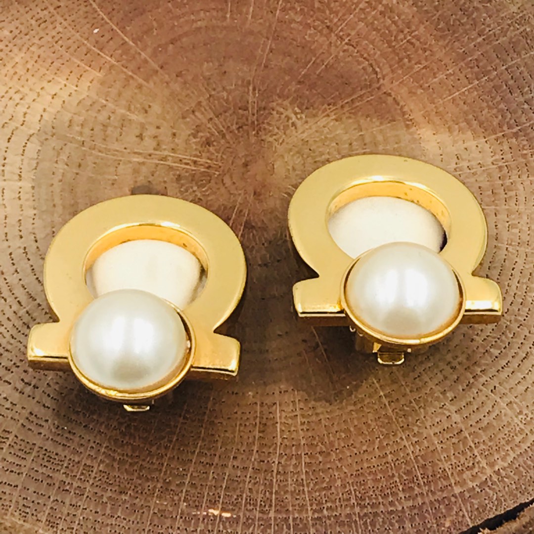 Authentic Salvatore Ferragamo Faux Pearl Gancini Clip On Earring, Women ...