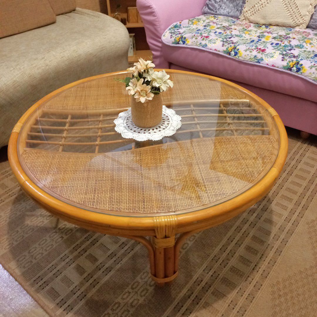 Vintage infinity legs rattan round center table coffee table glass top ...