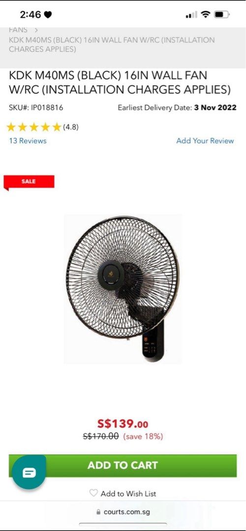 KDK M40MS (BLACK) 16IN WALL FAN W/RC, Furniture & Home Living, Lighting ...