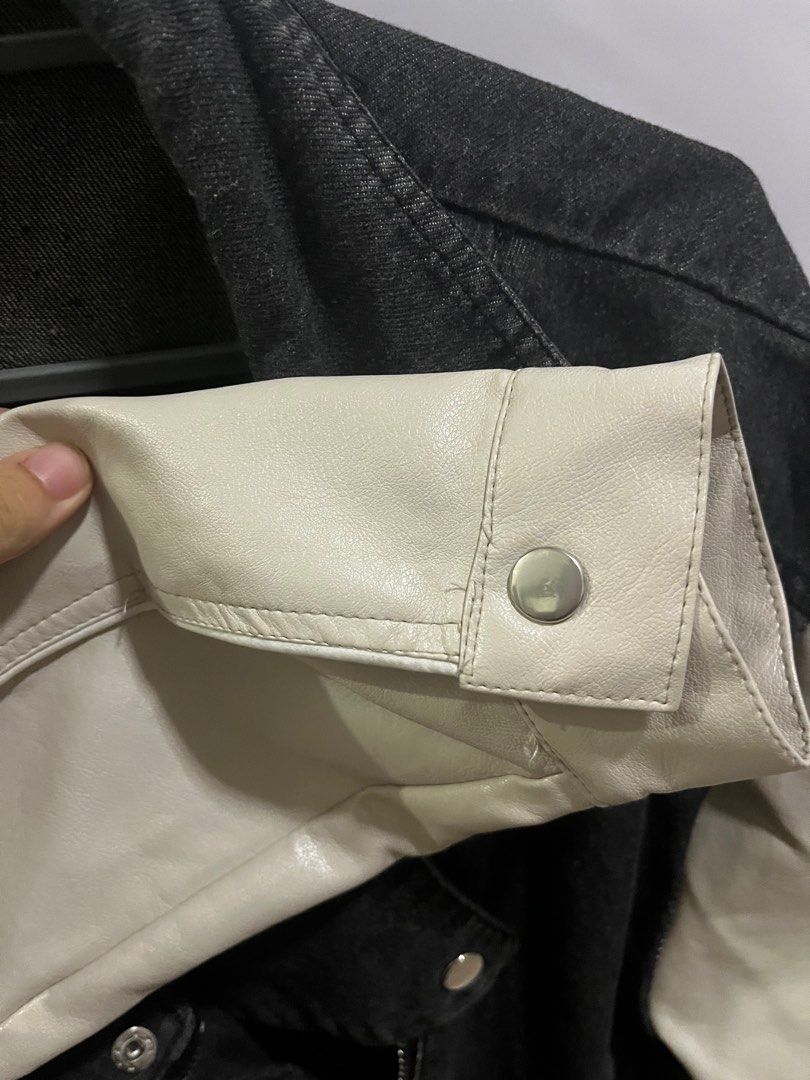 Leather Denim Overlapping Jacket, Women's Fashion, Coats, Jackets and ...