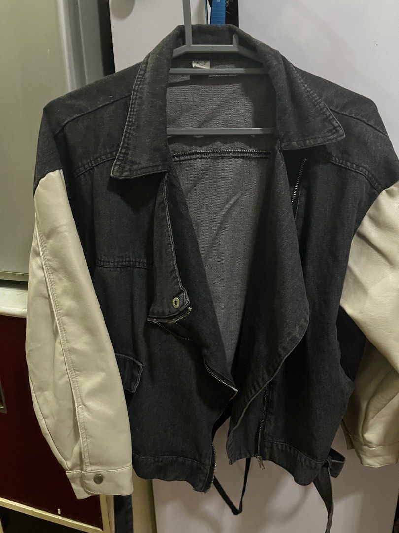 Leather Denim Overlapping Jacket, Women's Fashion, Coats, Jackets and ...