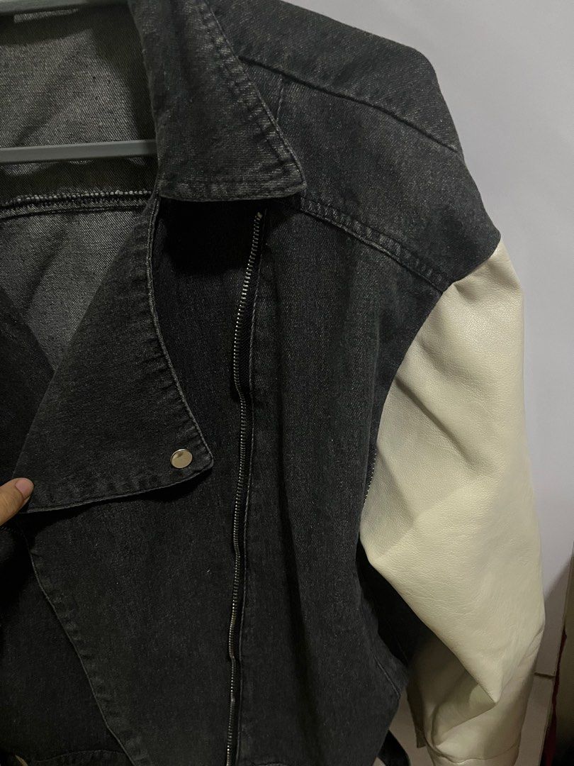 Leather Denim Overlapping Jacket, Women's Fashion, Coats, Jackets and ...