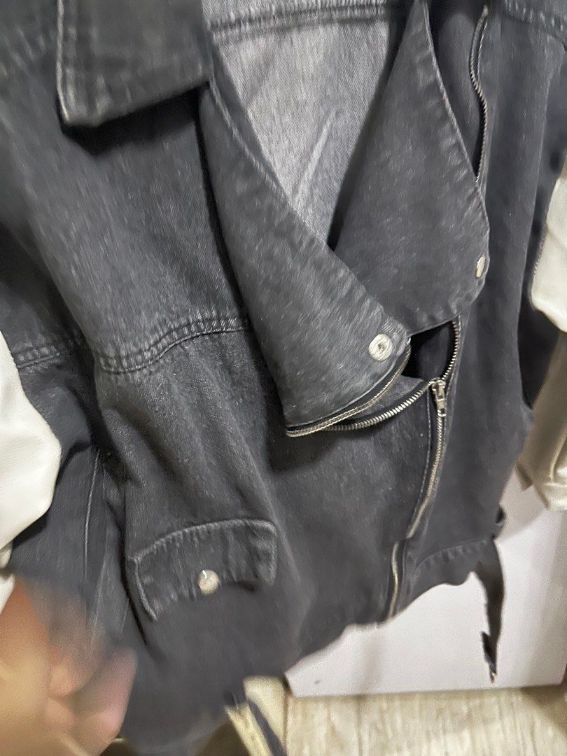 Leather Denim Overlapping Jacket, Women's Fashion, Coats, Jackets and ...