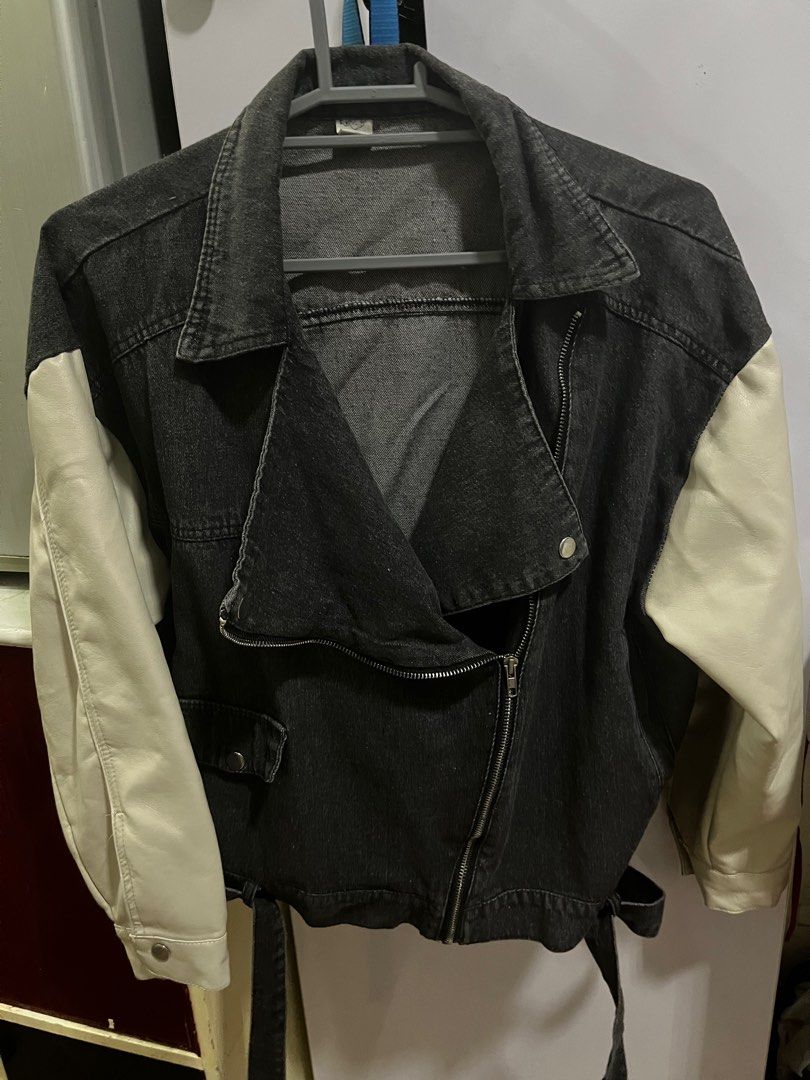 Leather Denim Overlapping Jacket, Women's Fashion, Coats, Jackets and ...