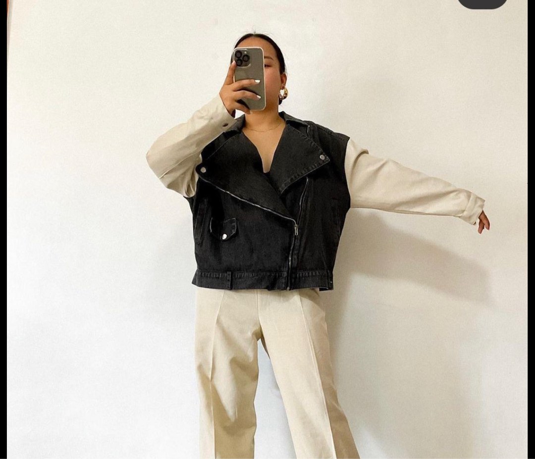 Leather Denim Overlapping Jacket, Women's Fashion, Coats, Jackets and ...