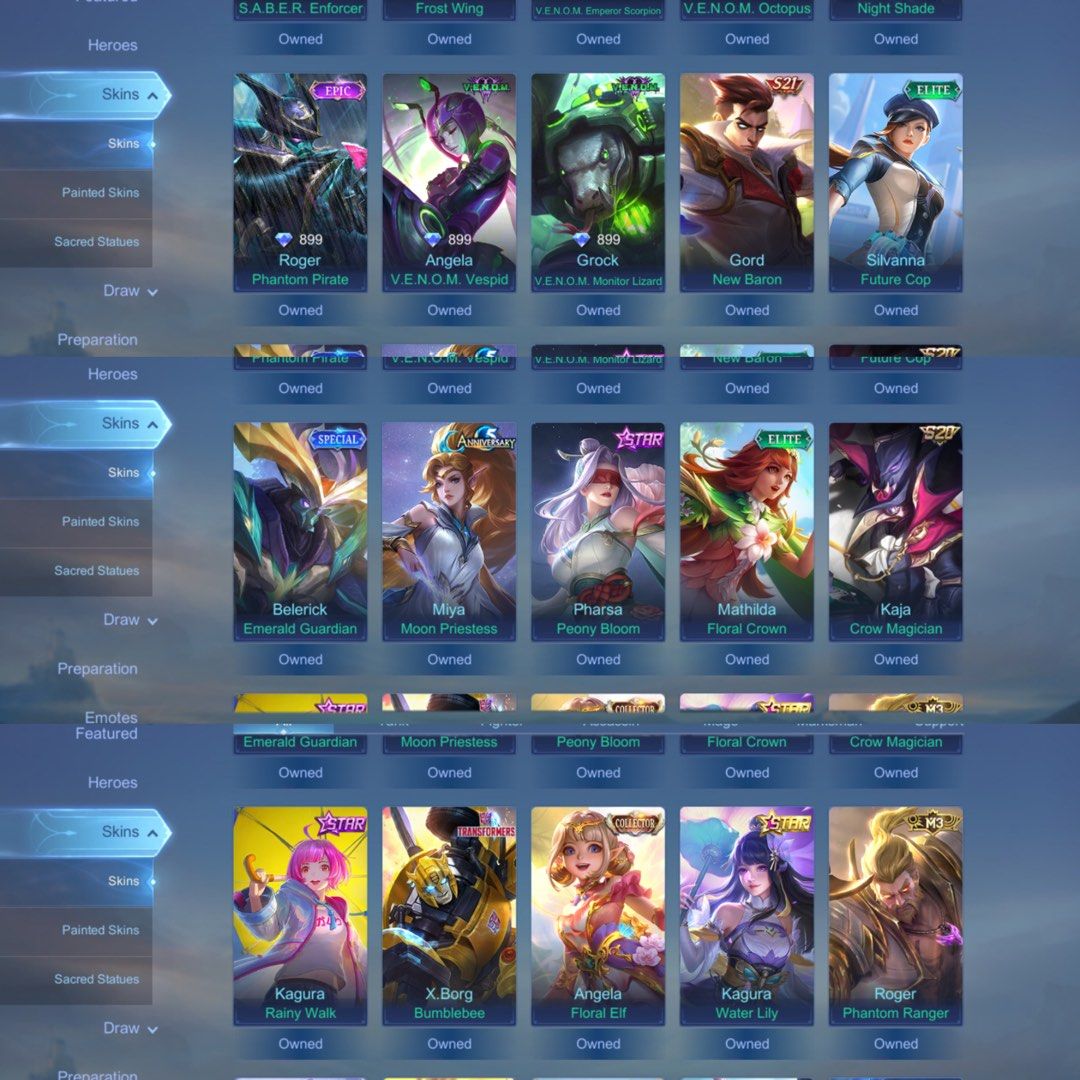 191 SKINS! Mobile Legends Account: YSS ANGELA COLL, KAGURA FULL SKIN ...