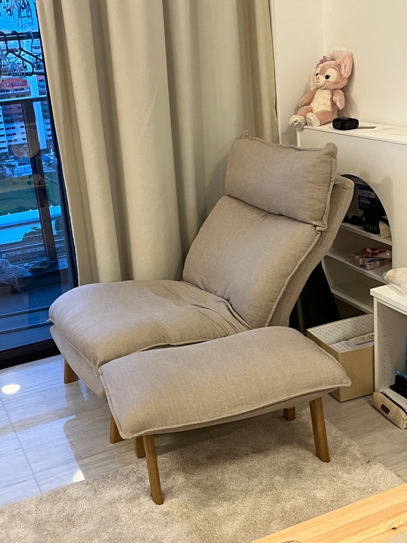 Muji linen beige reclining chair with ottoman, Furniture & Home Living ...