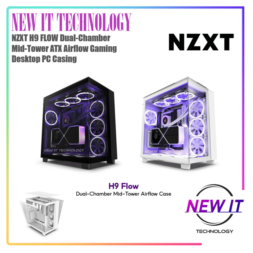 NZXT H9 FLOW Dual-Chamber Mid-Tower ATX Airflow Tempered Glass Gaming ...