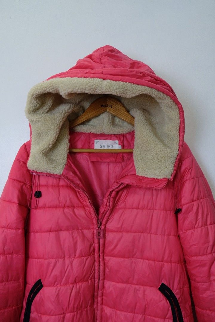Pink Long Puffercoat with sherpa hood, Women's Fashion, Coats, Jackets ...