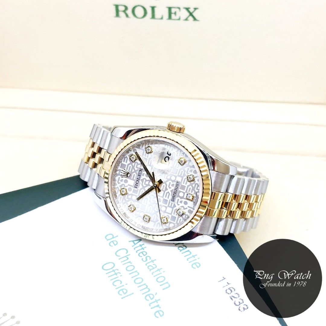 Rolex 36mm Oyster Perpetual Fluted Bezel 18K Half Yellow Gold Silver Jubilee Big Diamonds Dial ...