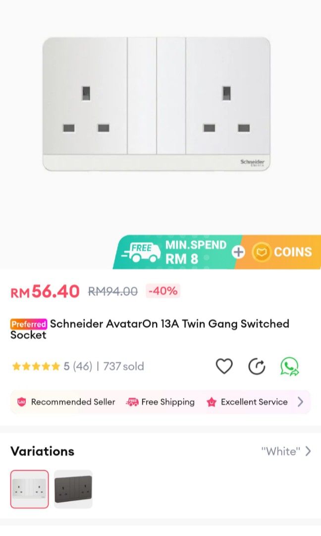 Schneider AvatarOn 13A Twin Gang Switched Socket, White, TV & Home Appliances, Electrical ...