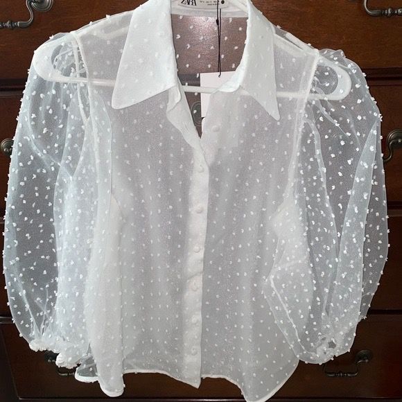 Transparent Zara White polka dot see through top Zara white top floral ...