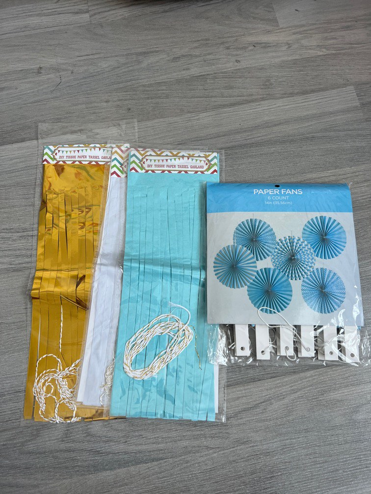 Blue paper fans with DIY paper tassels in blue, white and gold, Hobbies ...