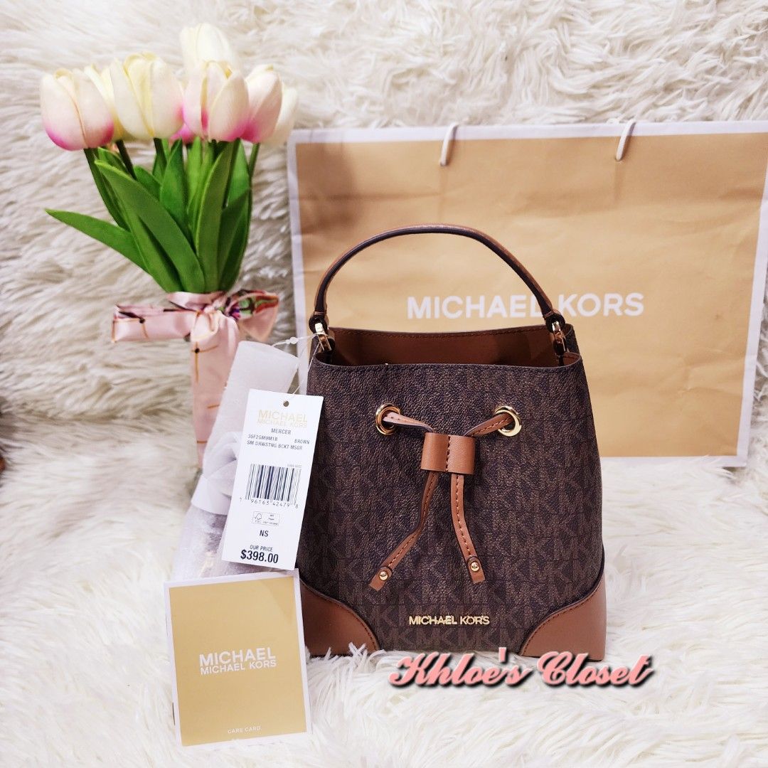 BRAND NEW Authentic Michael Kors Mercer Signature Small Drawstring Bucket Brown 35F2GM9M1B ...