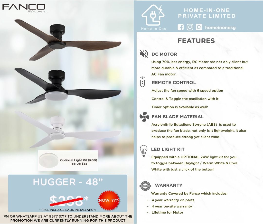 FANCO CO-FAN HUGGER SERIES 48" DC MOTOR + REMOTE CONTROL + 4 YEARS ...