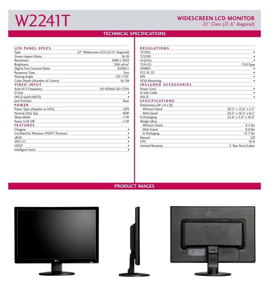 LG monitor FLATRON W2241T, Computers & Tech, Parts & Accessories ...