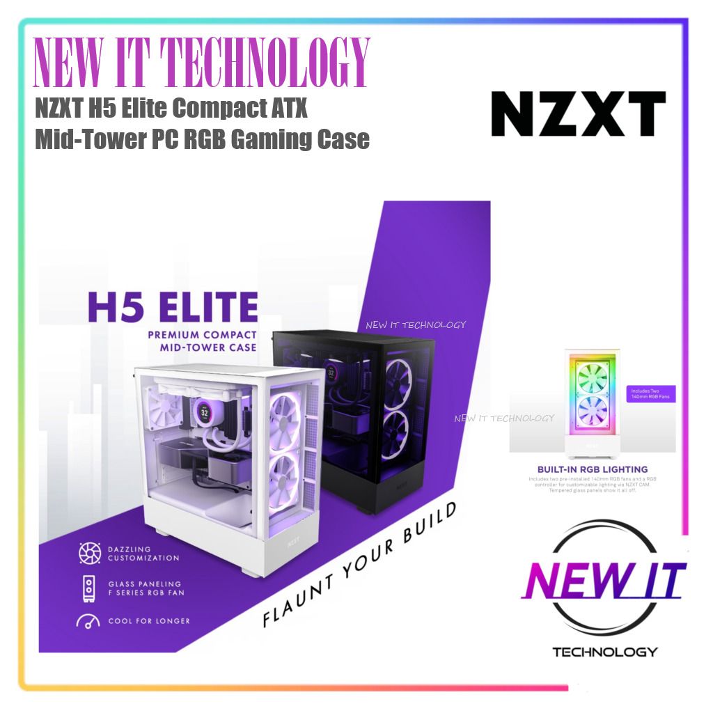NZXT H5 Elite Compact ATX Mid-Tower Tempered Glass PC With RGB Fan Pre ...