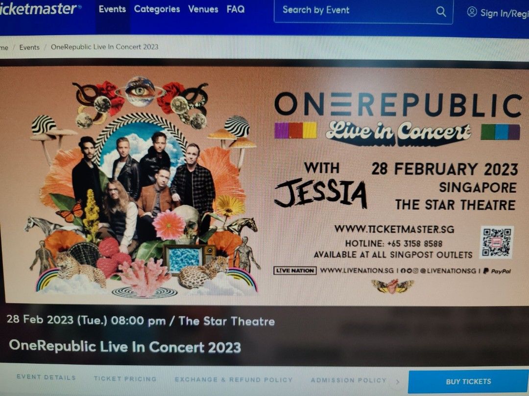 One Republic concert 28 Feb 2023 x1 Cat4 ticket, Tickets & Vouchers ...