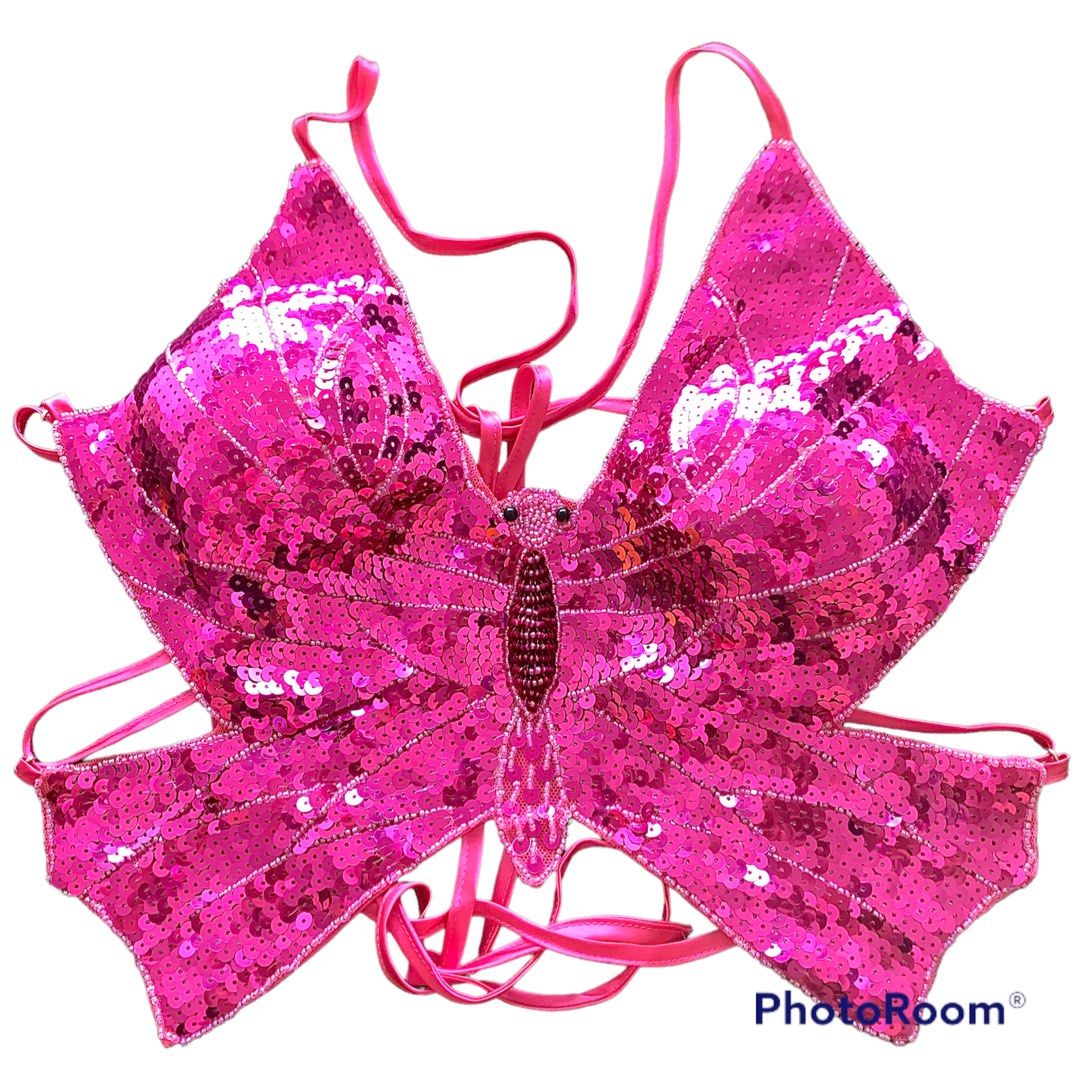 p0shstop poshstop hot pink butterfly padded top adjustable strap tie ...