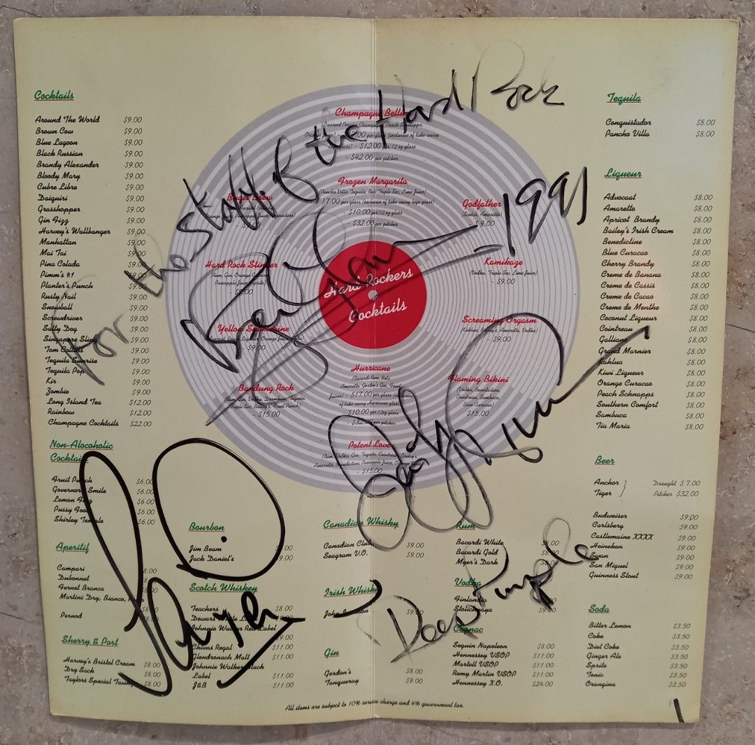 Hard Rock Cafe Menu Signed by Rock Band Deep Purple SG 1991, Hobbies ...
