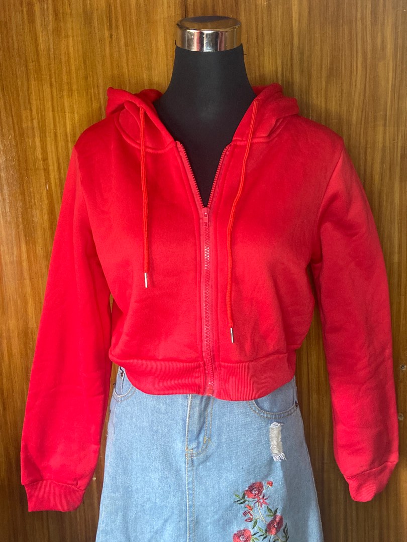 Shein red crop jacket, Women's Fashion, Coats, Jackets and Outerwear on ...