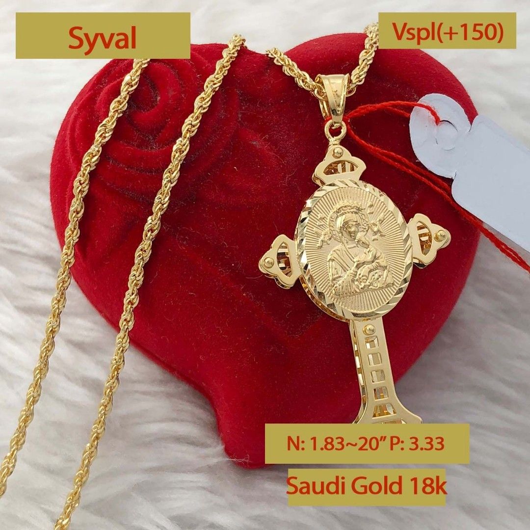 18k Saudi Gold Necklace Syval Cross Mama Mary, Women's Fashion, Jewelry ...