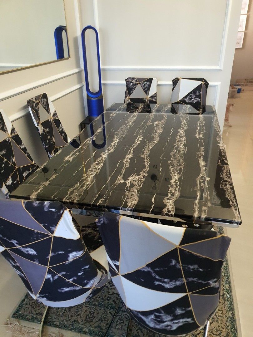 Black Marble motif dining table set, Furniture & Home Living, Furniture ...