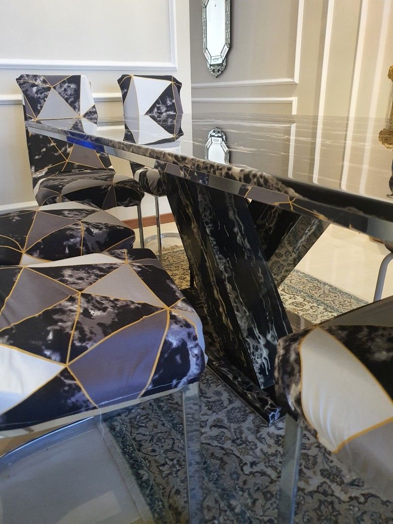 Black Marble motif dining table set, Furniture & Home Living, Furniture ...
