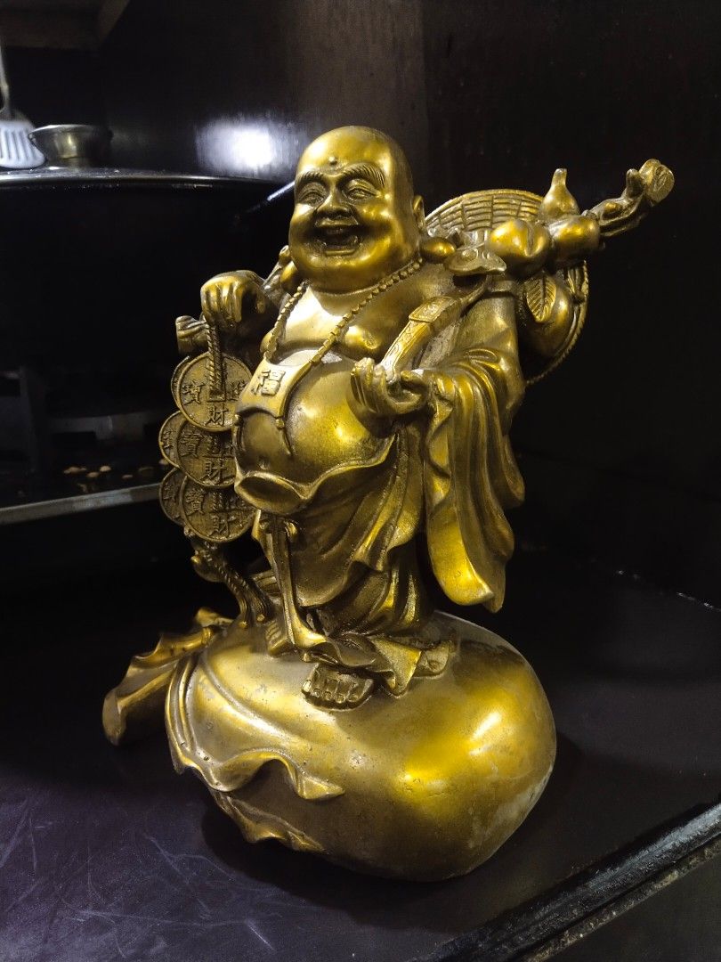 Brass lucky laughing buddha on wealth money sack statue, Hobbies & Toys ...