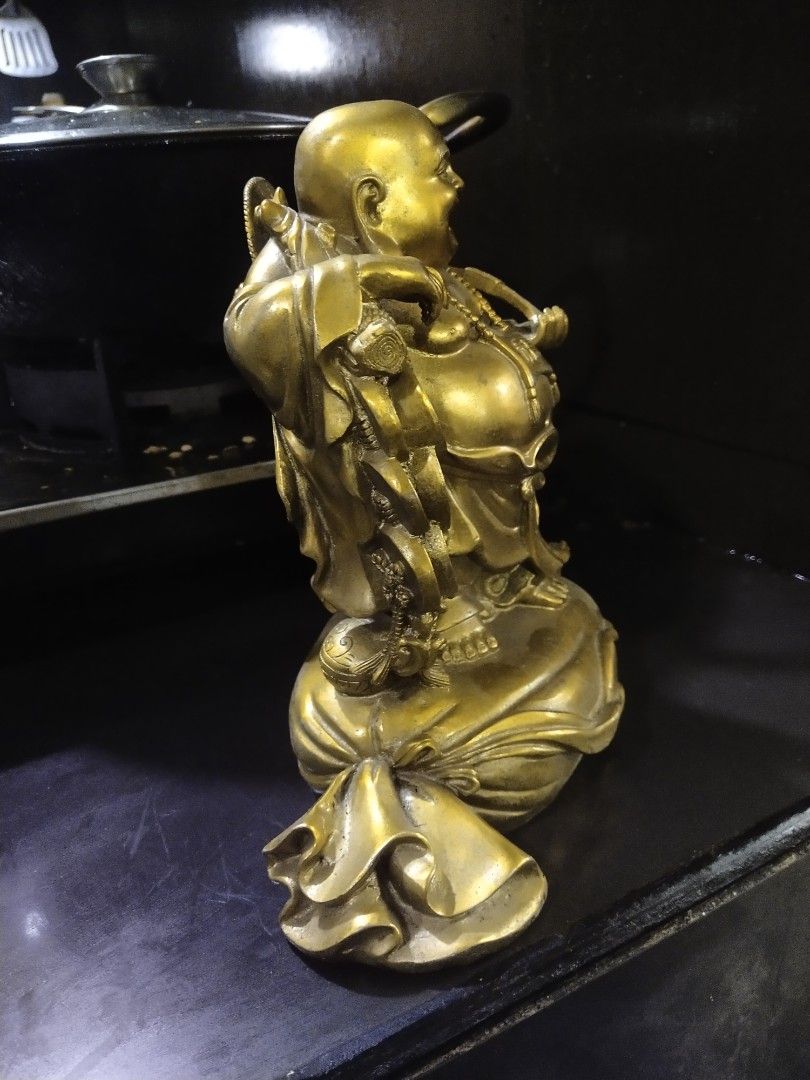 Brass lucky laughing buddha on wealth money sack statue, Hobbies & Toys ...
