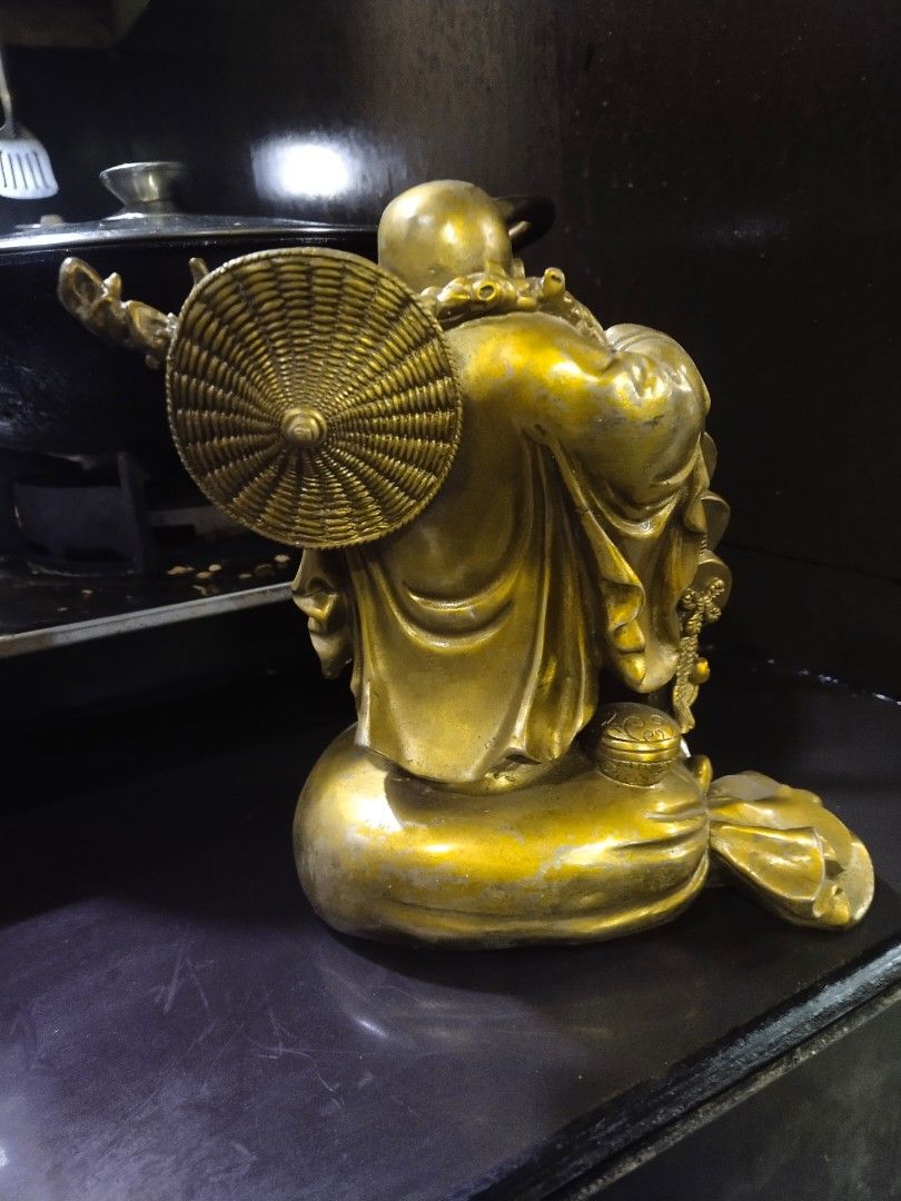 Brass lucky laughing buddha on wealth money sack statue, Hobbies & Toys ...