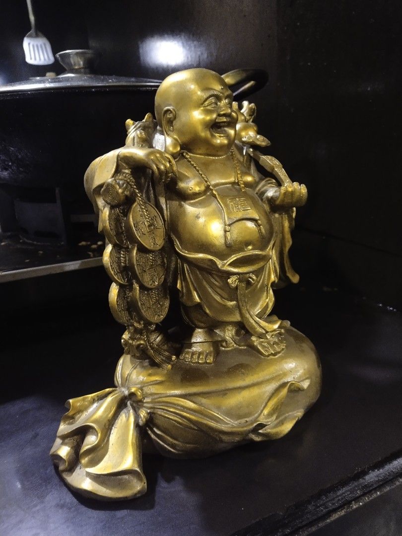 Brass lucky laughing buddha on wealth money sack statue, Hobbies & Toys ...