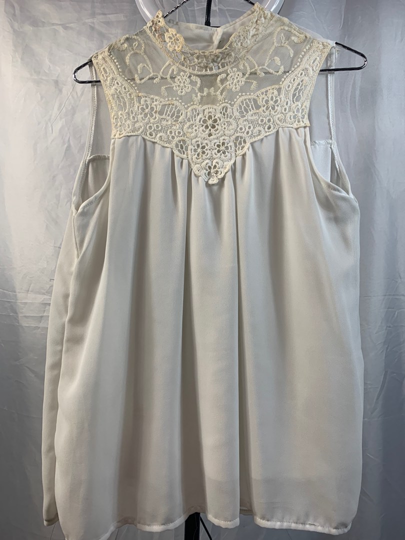 Chiffon white lace top see through blouse sleeve less, Women's Fashion ...