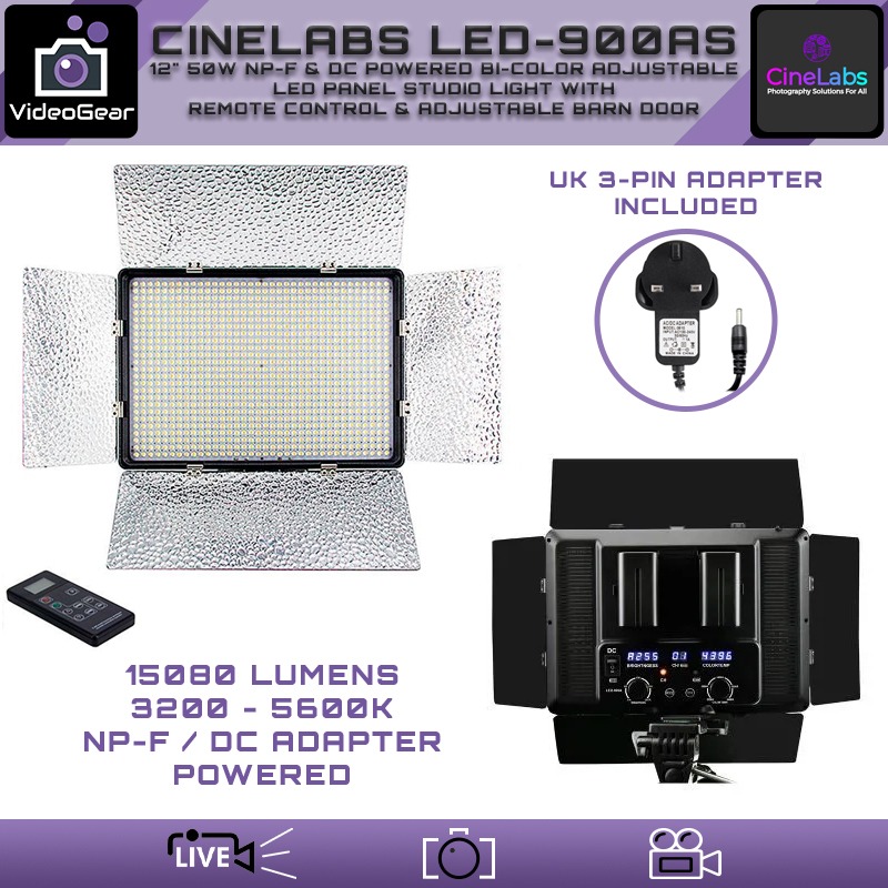 CineLabs LED-900AS — (12" 50W NP-F & DC Powered Bi-Color Adjustable LED Panel Studio Light with ...