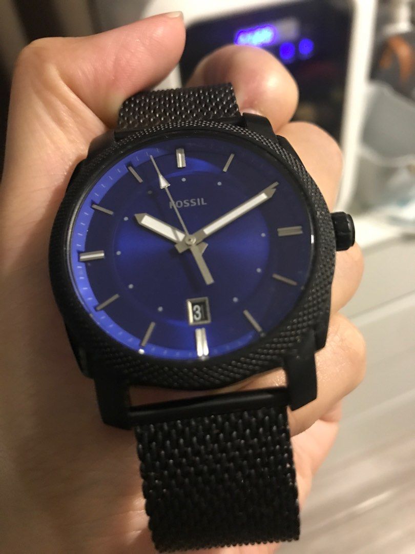 Fossil Machine Three-Hand Date Black Stainless Steel Mesh Watch FS5694 ...