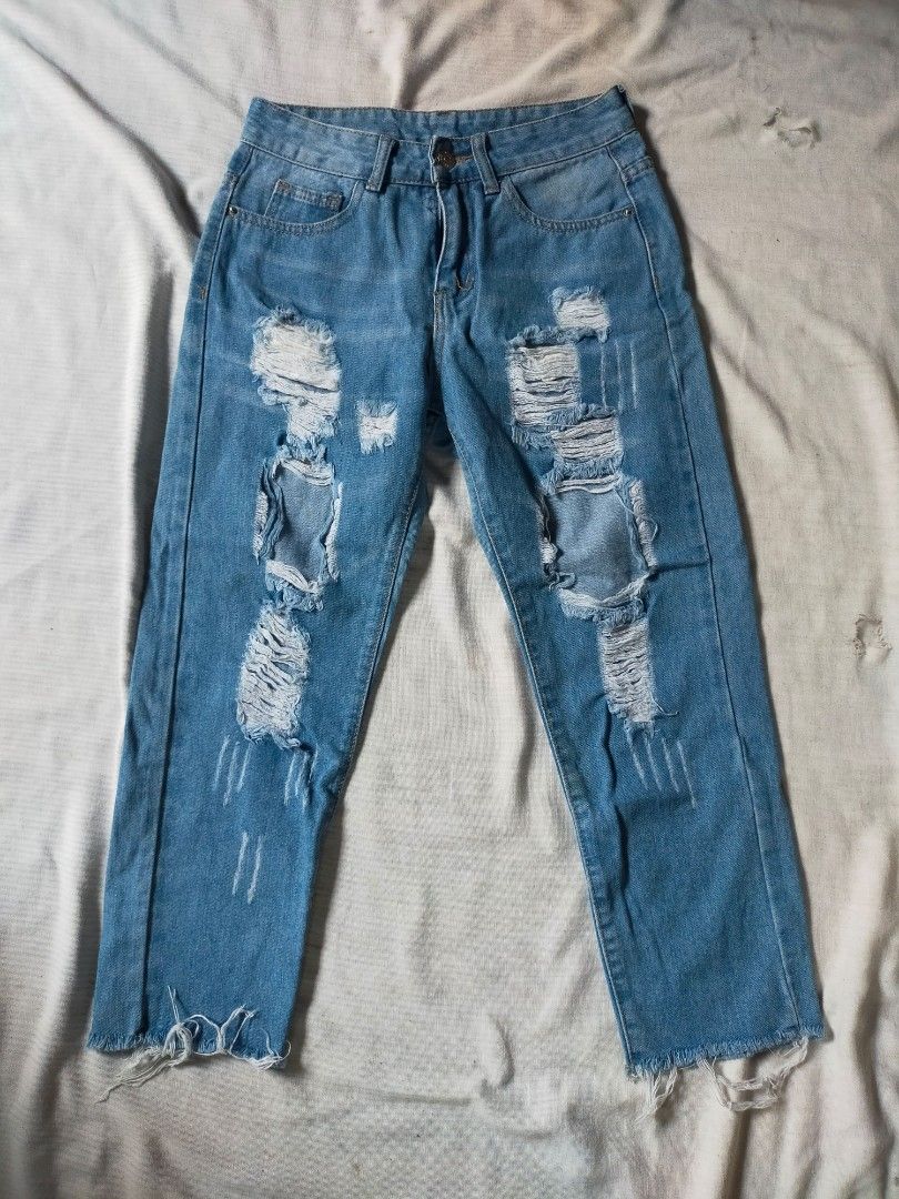 light blue ripped tattered jeans high waist, Women's Fashion, Bottoms ...