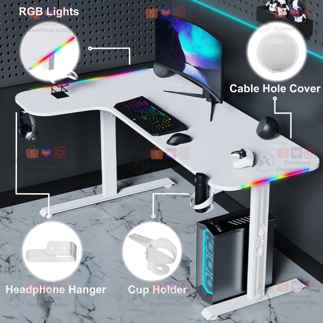 L-Shape RGB Gaming Desk with Led Lights, Table Computer Workstation ...