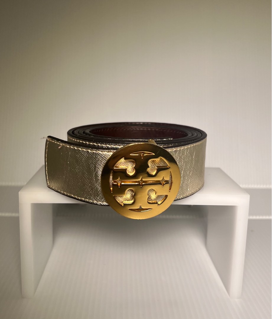 Tory Burch Gold Leather Logo Buckle Belt, Men's Fashion, Watches ...
