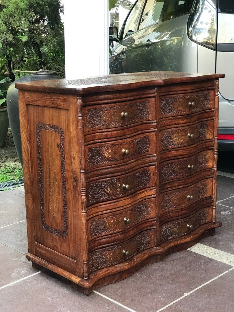 Vintage Brown Wooden Carved India Rosewood Bronze Inlay Chest Drawer ...