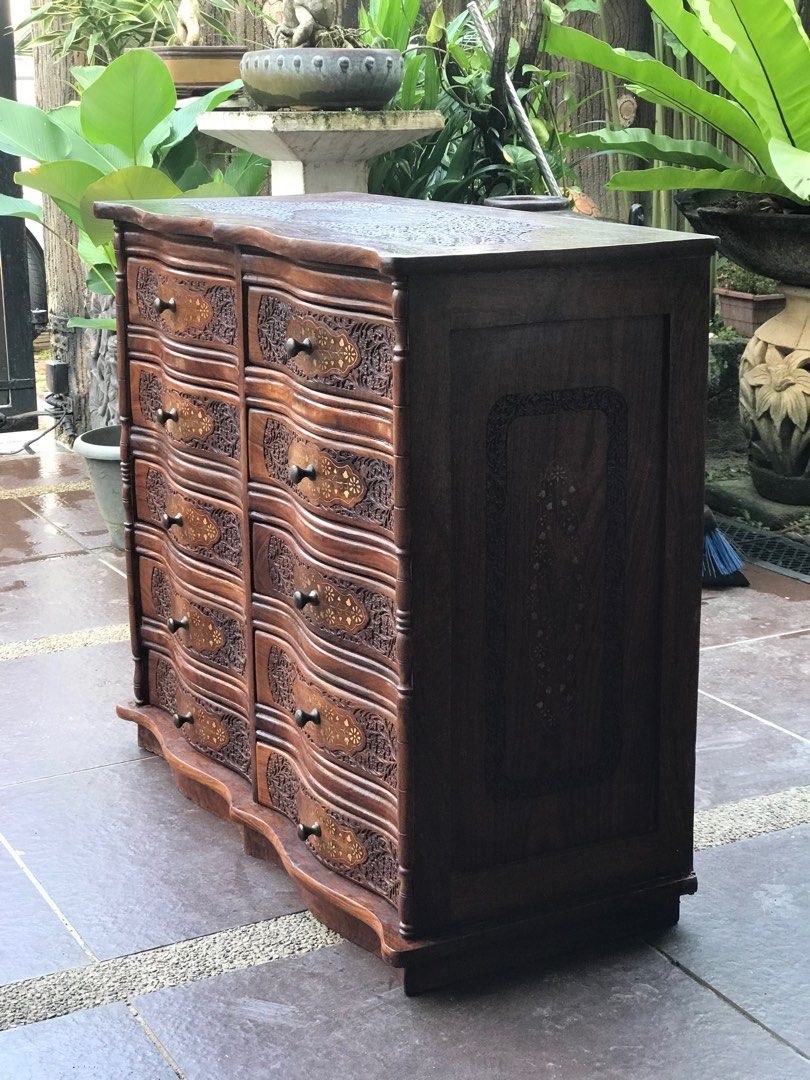 Vintage Brown Wooden Carved India Rosewood Bronze Inlay Chest Drawer ...