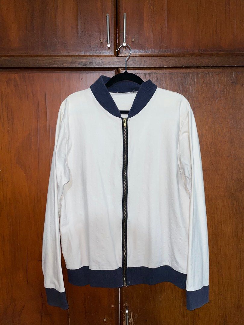 White Bomber Jacket with Blue Details, Men's Fashion, Coats, Jackets ...