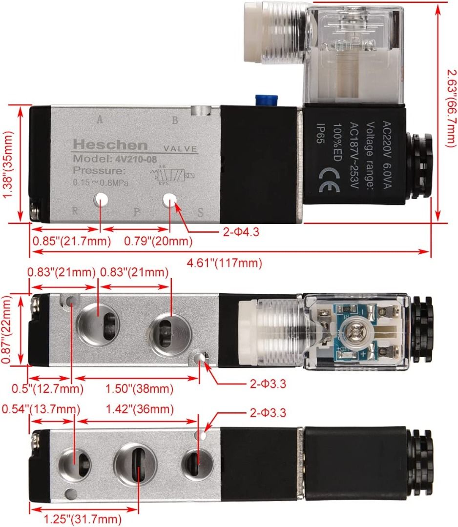 A51 Heschen Electrical Pneumatic Solenoid Valve 4V210-08 220VAC 6.0VA PT1/4 5 Way 2 Position ...