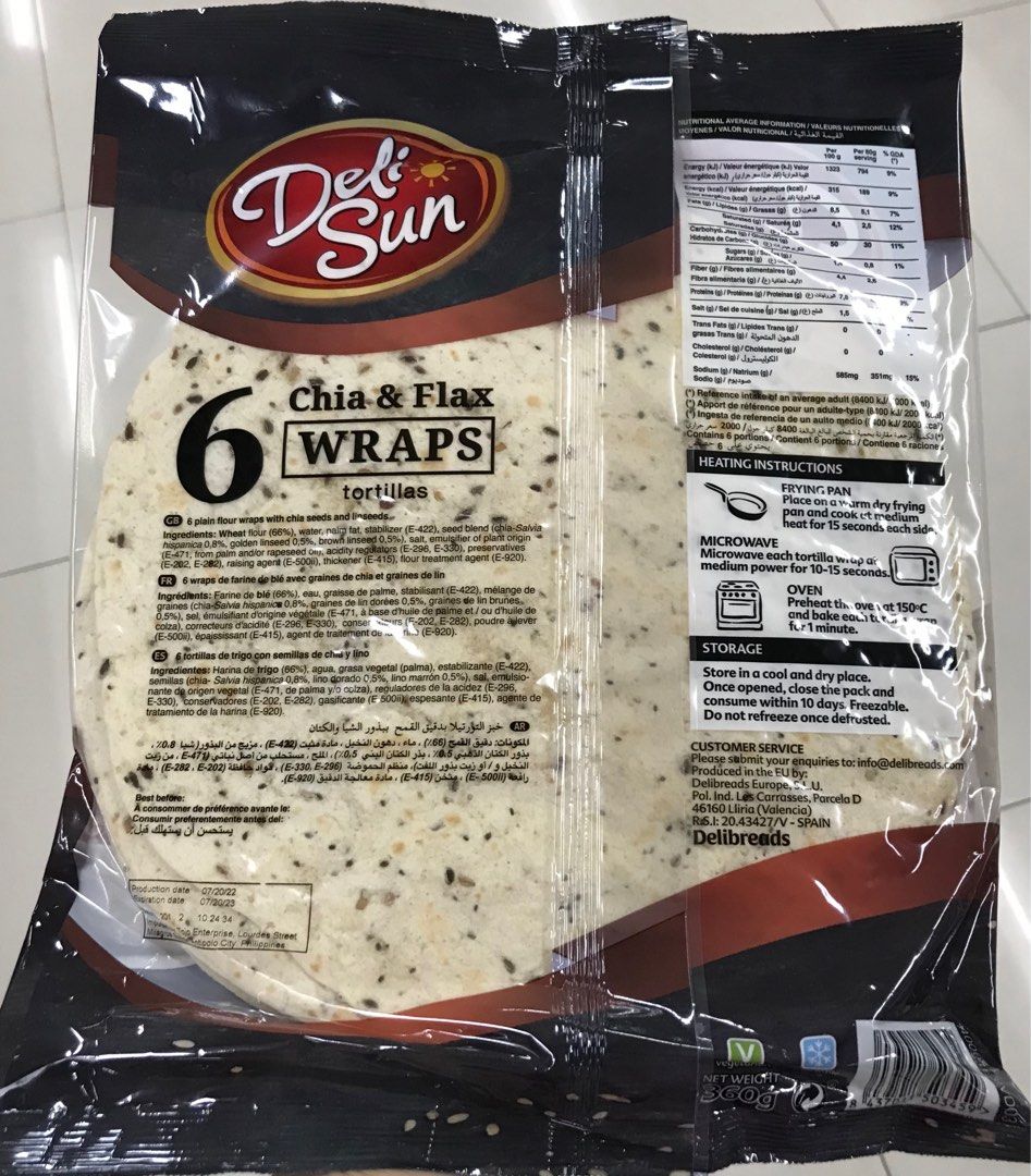Deli Sun Chia & Flax Wraps 60g Tortillas Enchiladas Soft Tacos Burritos ...