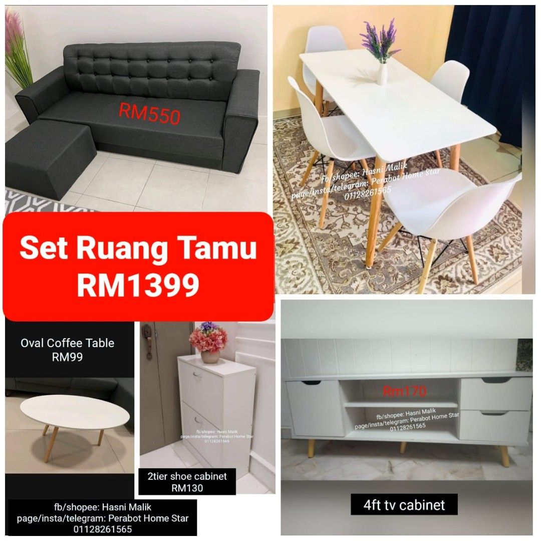 SET RUANG TAMU [Sofa + Meja Makan + Cabinet TV + Coffe Table + Shoe Cabinet] (free postage ...